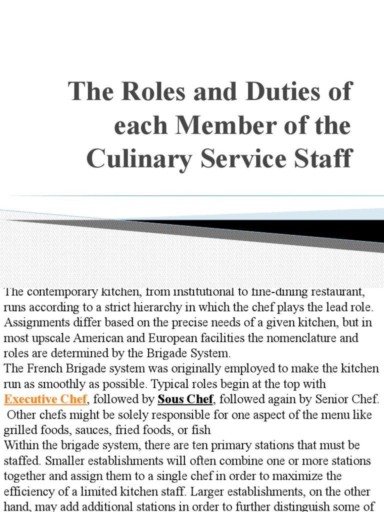 The Roles and Duties of Each Member of | PDF | Chef | Roasting