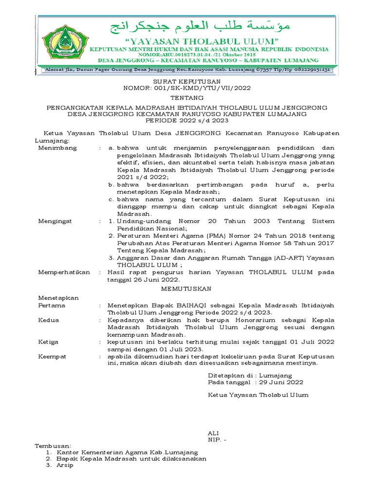 Contoh SK Pengangkatan Kamad - Kamimadrasah | PDF