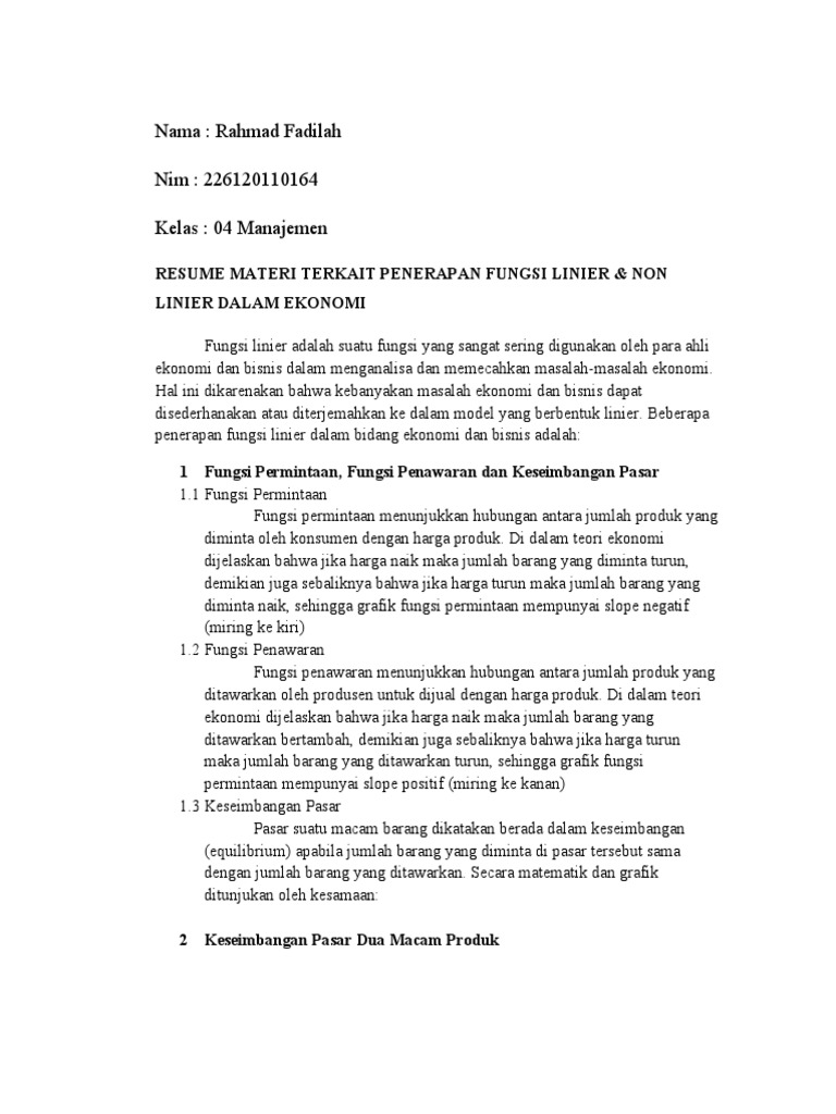 Resume MTK Eko Fungsi Linear & Non Linier | PDF | Bisnis | Metode ... Resume MTK Eko Fungsi Linear & Non Linier | PDF | Bisnis | Metode ...