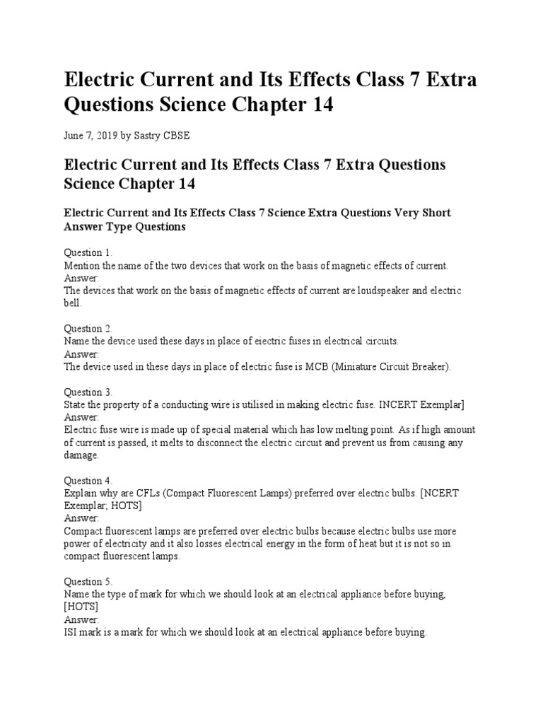 Electric Current and Its Effects Class 7 Extra Questions Science Chapter 14 | PDF | Fuse ...