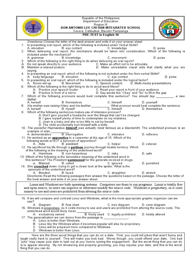 English Pre-Test for Students | PDF | Jonah | Essays