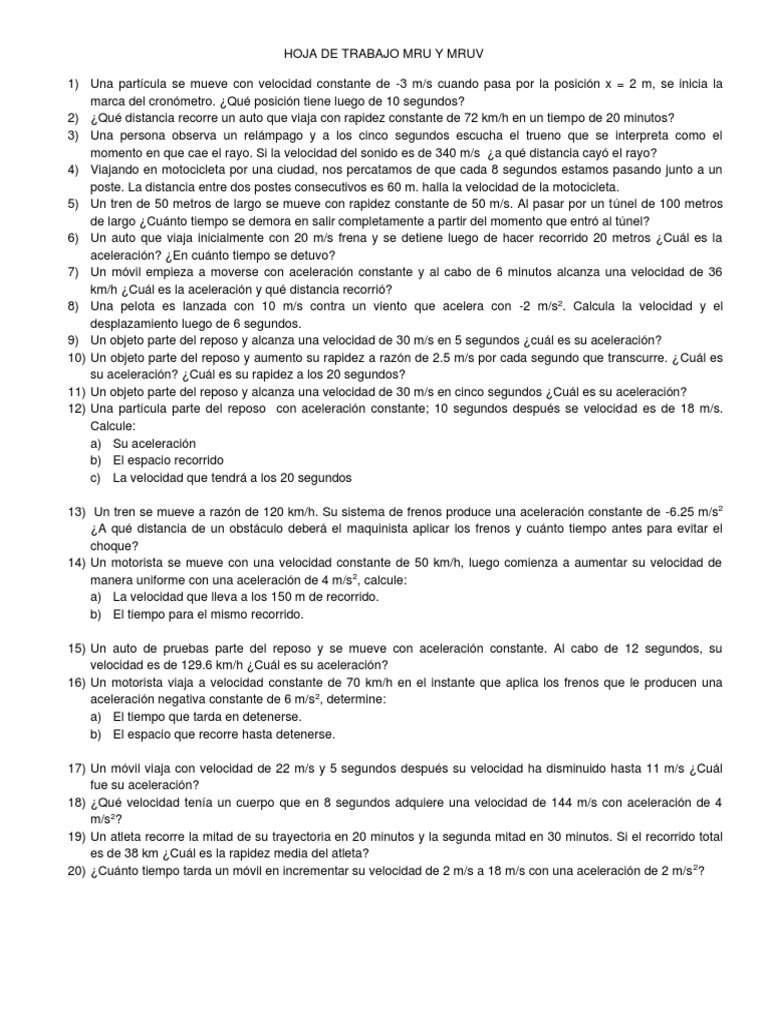 Problemas de MRU y MRUV Resueltos | PDF | Velocidad | Aceleración