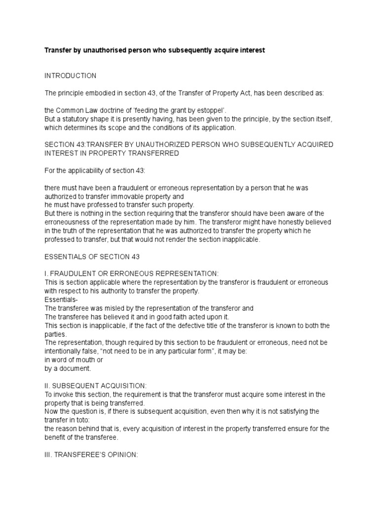 Transfer by Unauthorised Person Who Subsequently Acquire Interest | PDF ...