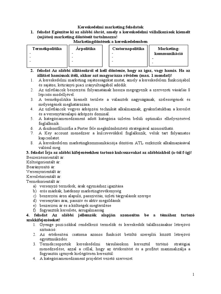 Kereskedelmi Marketing VEGYES Feladatsor 2020 | PDF
