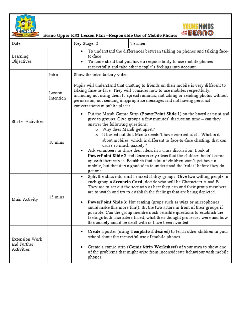 Beano PSHE Lesson 6 Lesson Plan Responsible Use of Mobile Phones KS2 | PDF