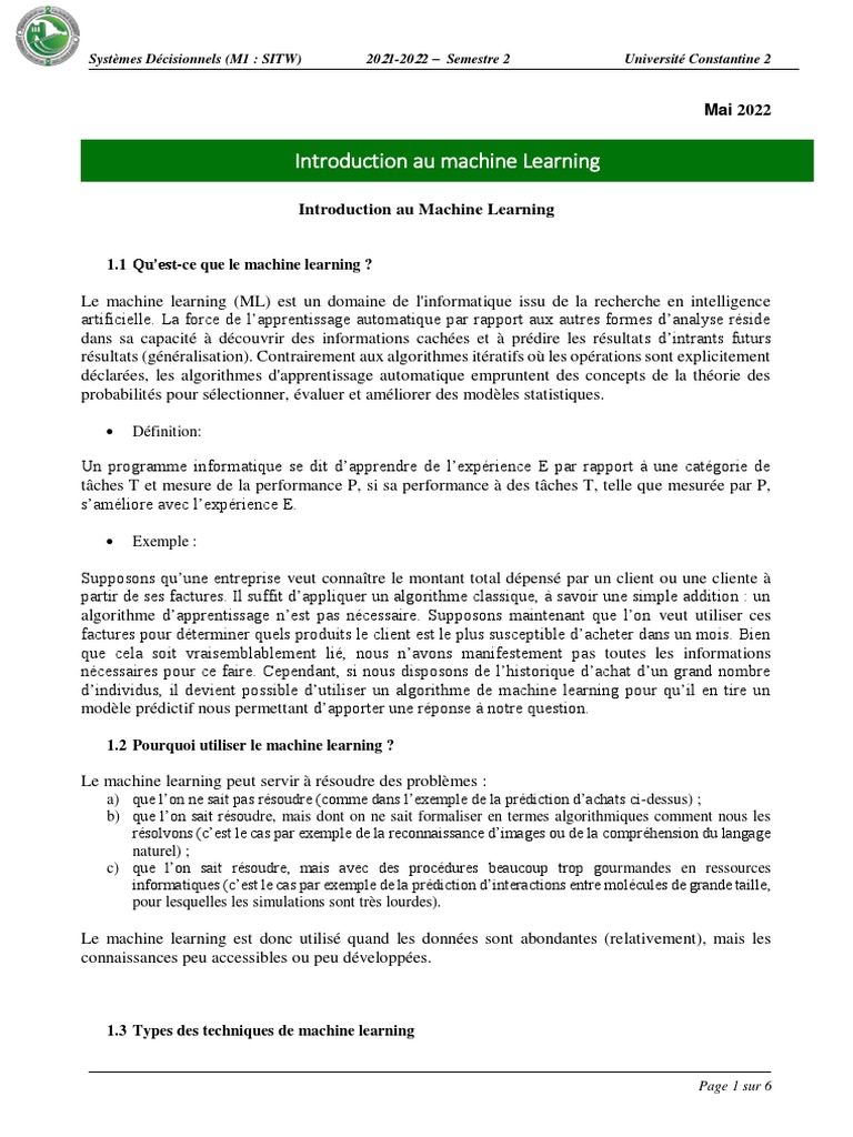 Introduction Au Machine Learning | PDF