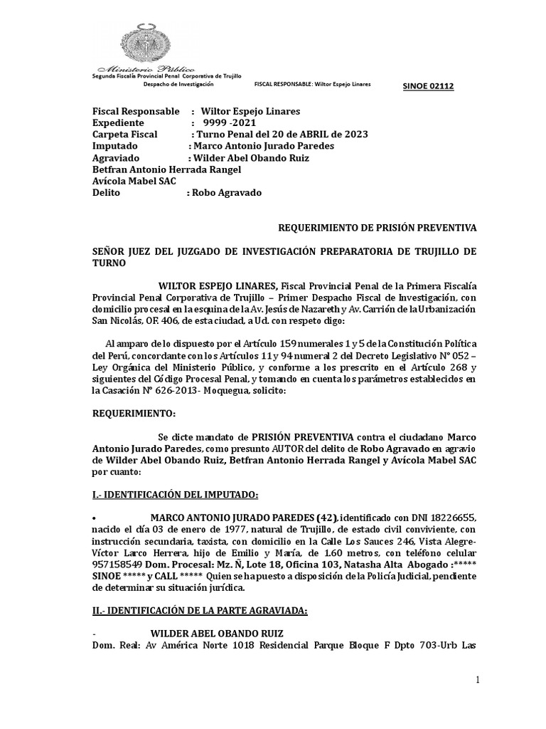 Modelo Prision Preventiva | PDF | Robo | Derecho penal