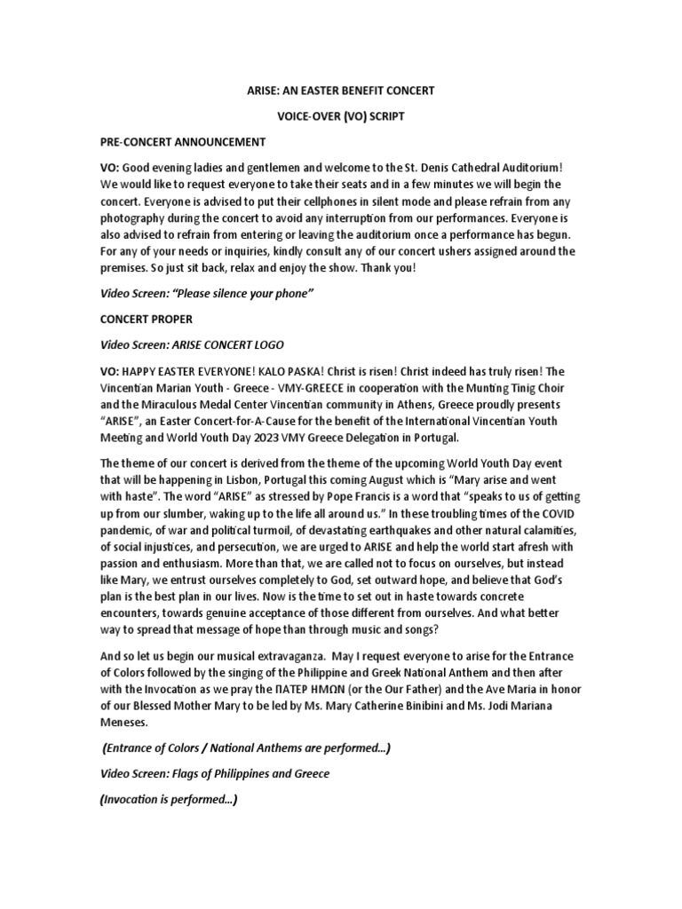 Arise Concert Voice-Over Script | PDF