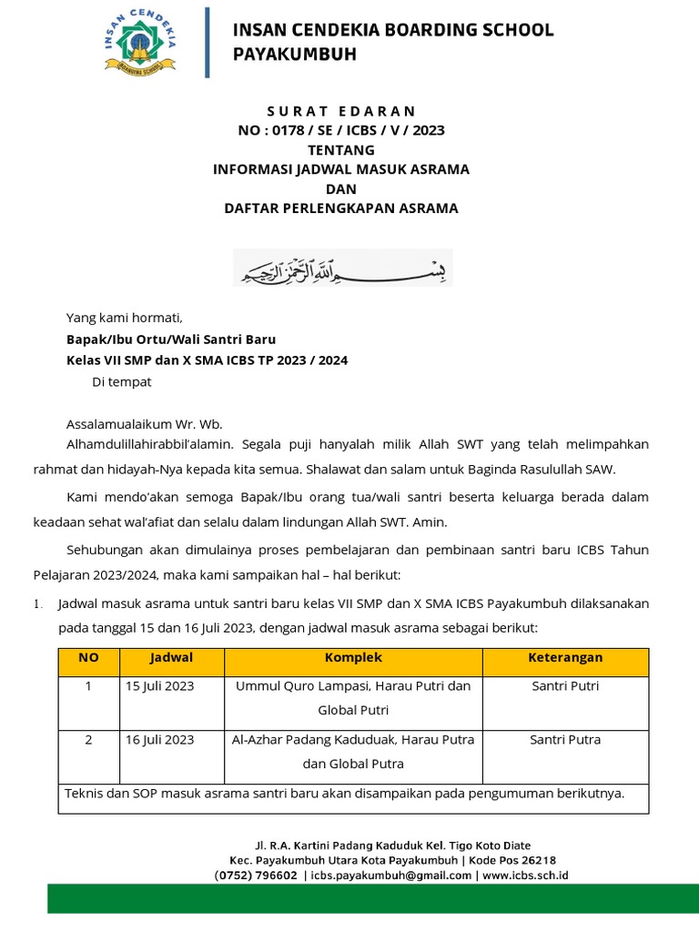 Edaran Masuk Asrama Santri Baru 2023 | PDF