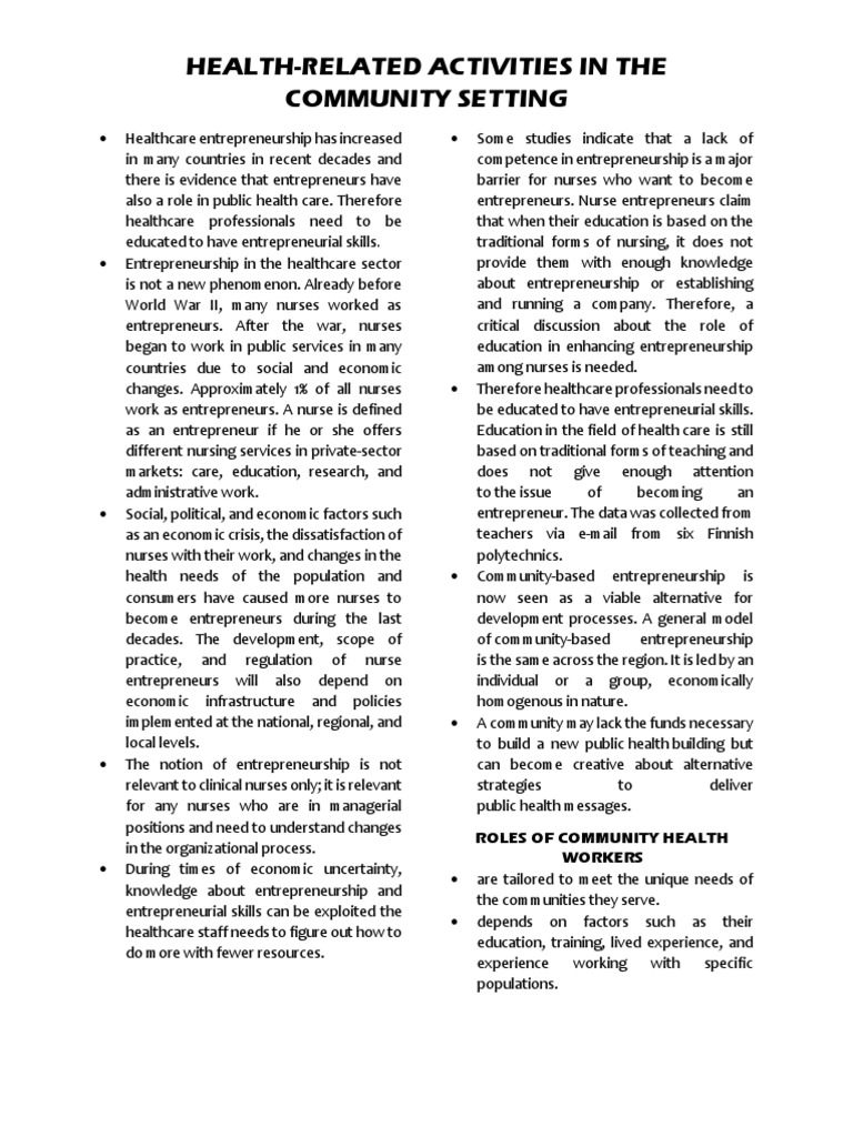 Chn-Health-Related Activities in The Community | PDF | Entrepreneurship ...