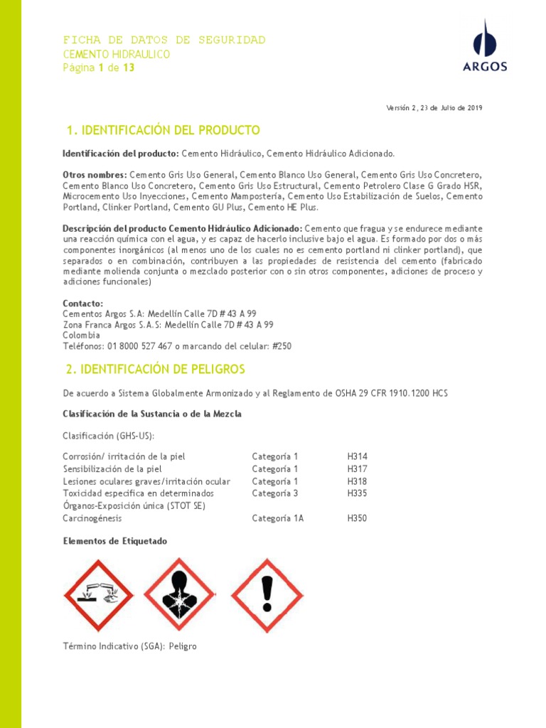FDS Cementos Argos V2 | PDF | Cemento | Quemar