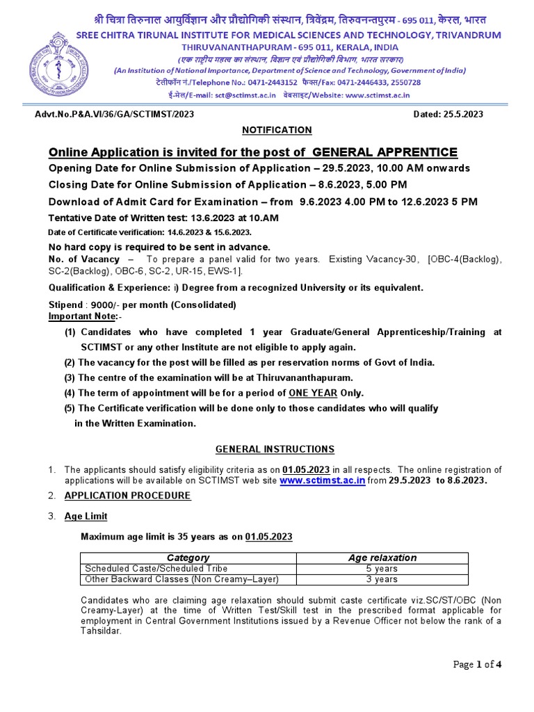 Notification SCTIMST General Apprentice Posts | PDF
