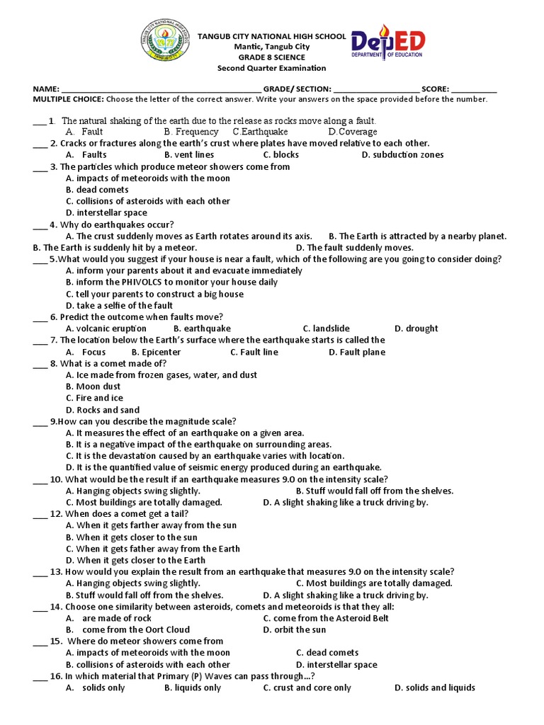 Grade 8 Science Second Quarter Exam | PDF | Meteoroid | Tropical Cyclones