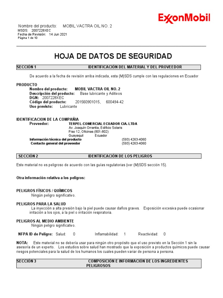 Hoja de Datos de Seguridad: Nombre Del Producto: MOBIL VACTRA OIL NO. 2 | PDF | Agua | Descarga ...