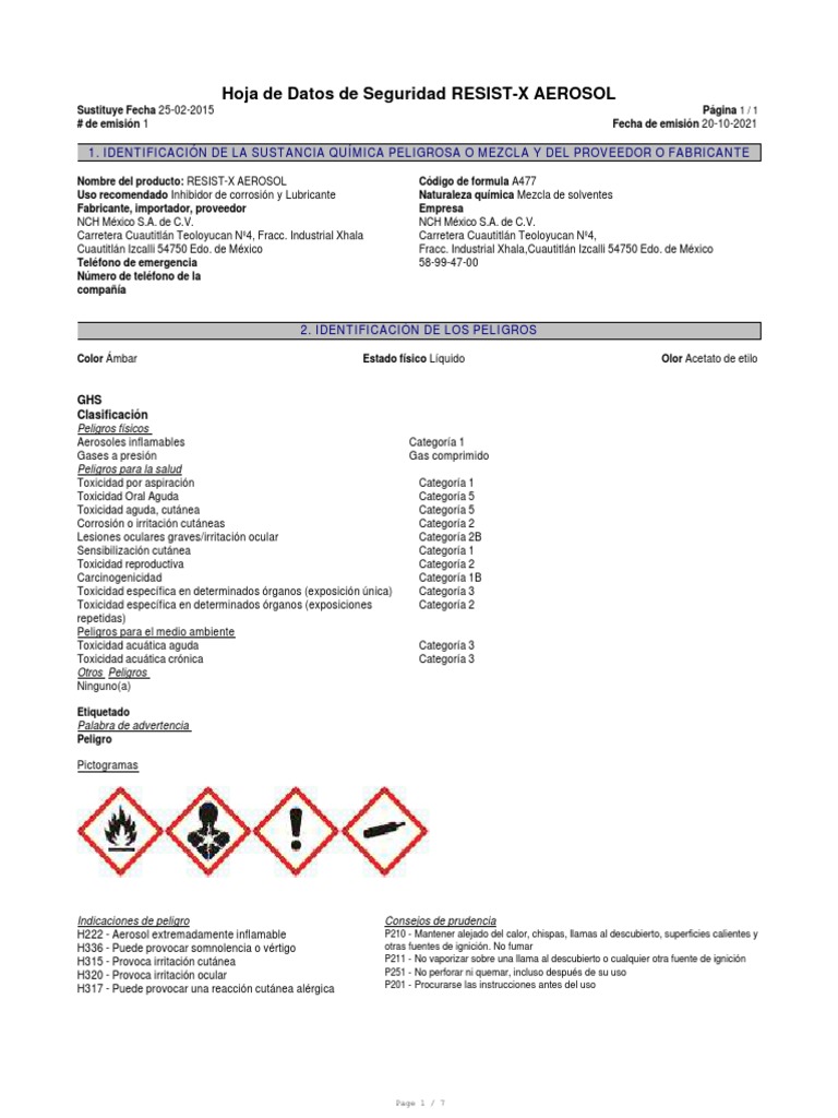 Hoja de Datos de Seguridad RESIST-X AEROSOL | PDF | Alergia | Ciencias fisicas