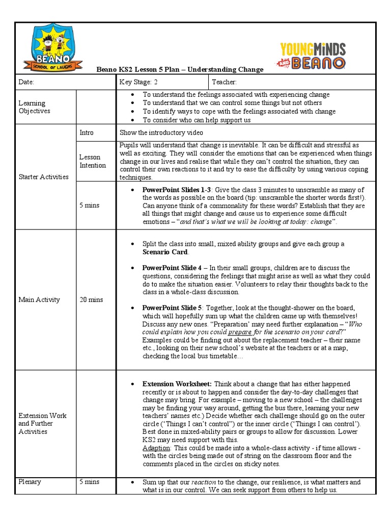 Beano PSHE Lesson 5 Lesson Plan Understanding Change KS2 | PDF ...