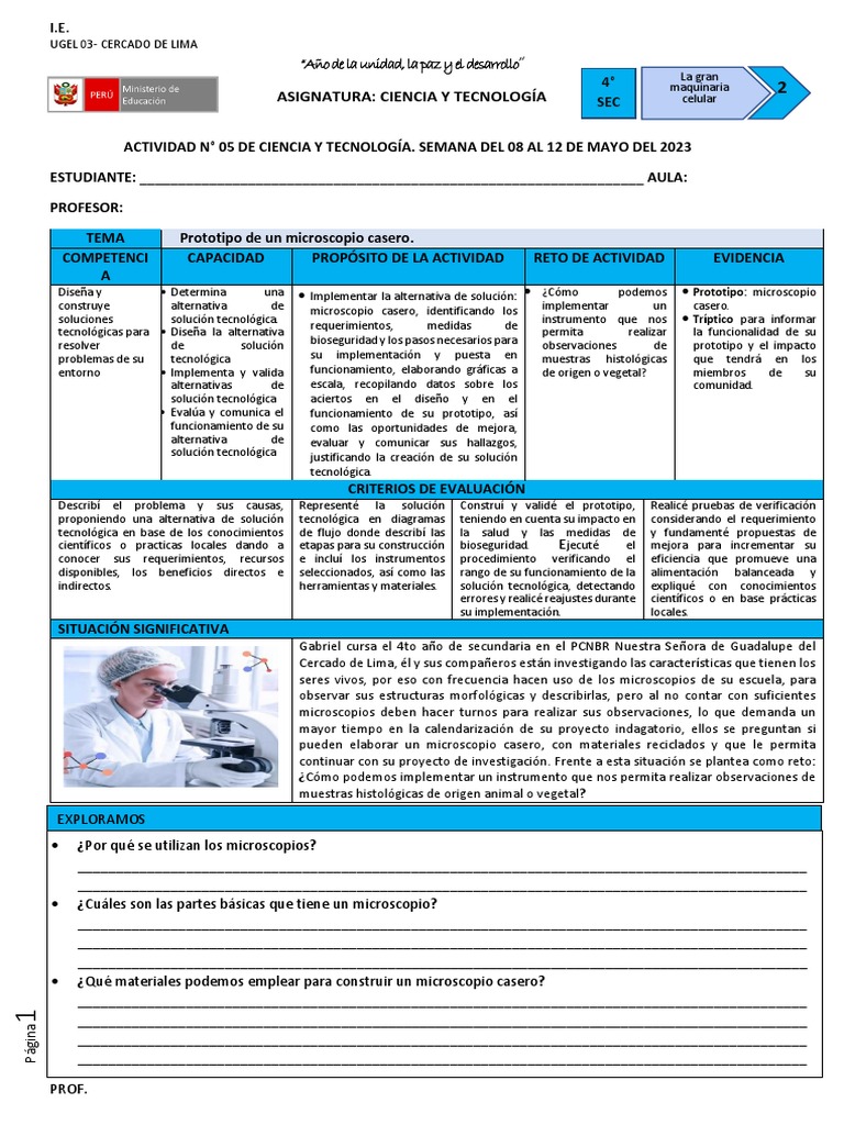 (PDF) 4° SEC. EDA 2 SEMANA 5 Diseña CYT 2023 Prototipo de Un Microscopio Casero | PDF | Lente de ...