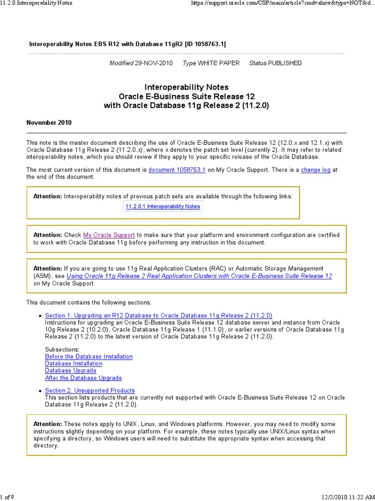 Id 1058763 1 Interoperability Notes Ebs R12 With Database 11gr2 29 Nov 21010 Pdf Databases
