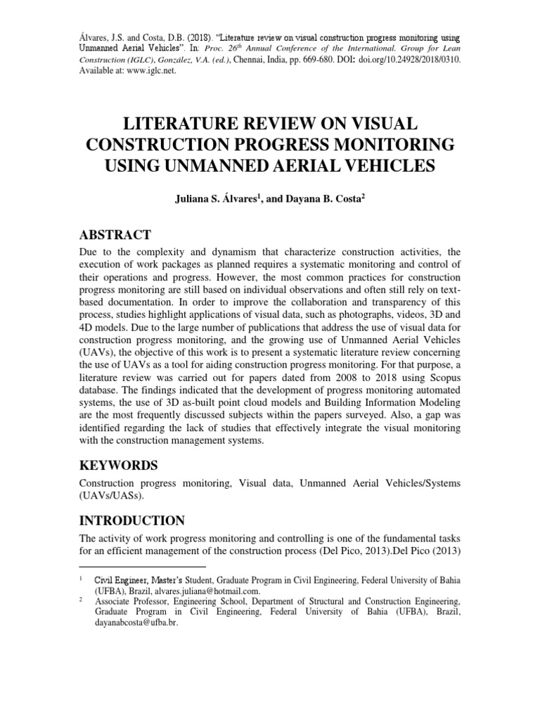 Alvares and Costa 2018 Literature Review On Visual Construction Progress Monitoring Using ...