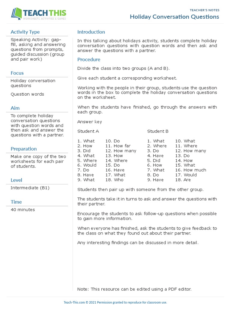 Holiday Conversation Questions - Pair b1 | PDF
