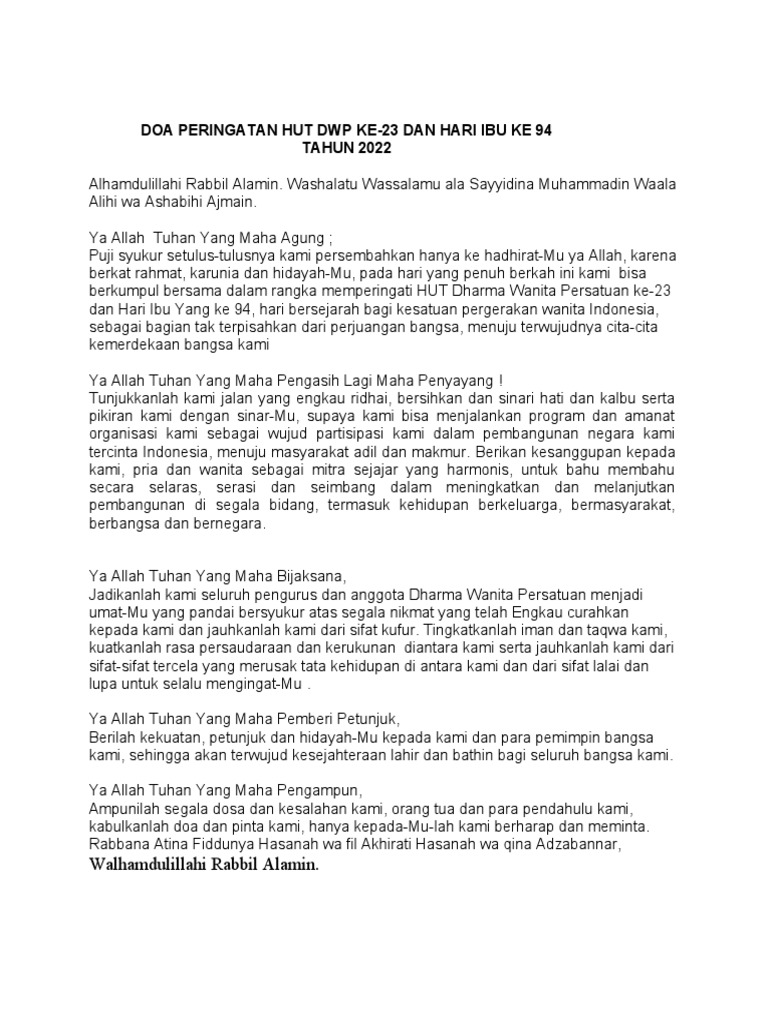 Doa Peringatan Hut DWP Ke-23 Dan Hari Ibu Ke 94 | PDF
