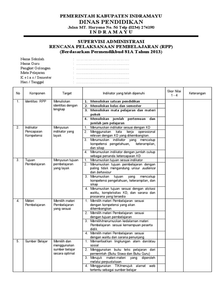 Instrumen Supervisi RPP | PDF