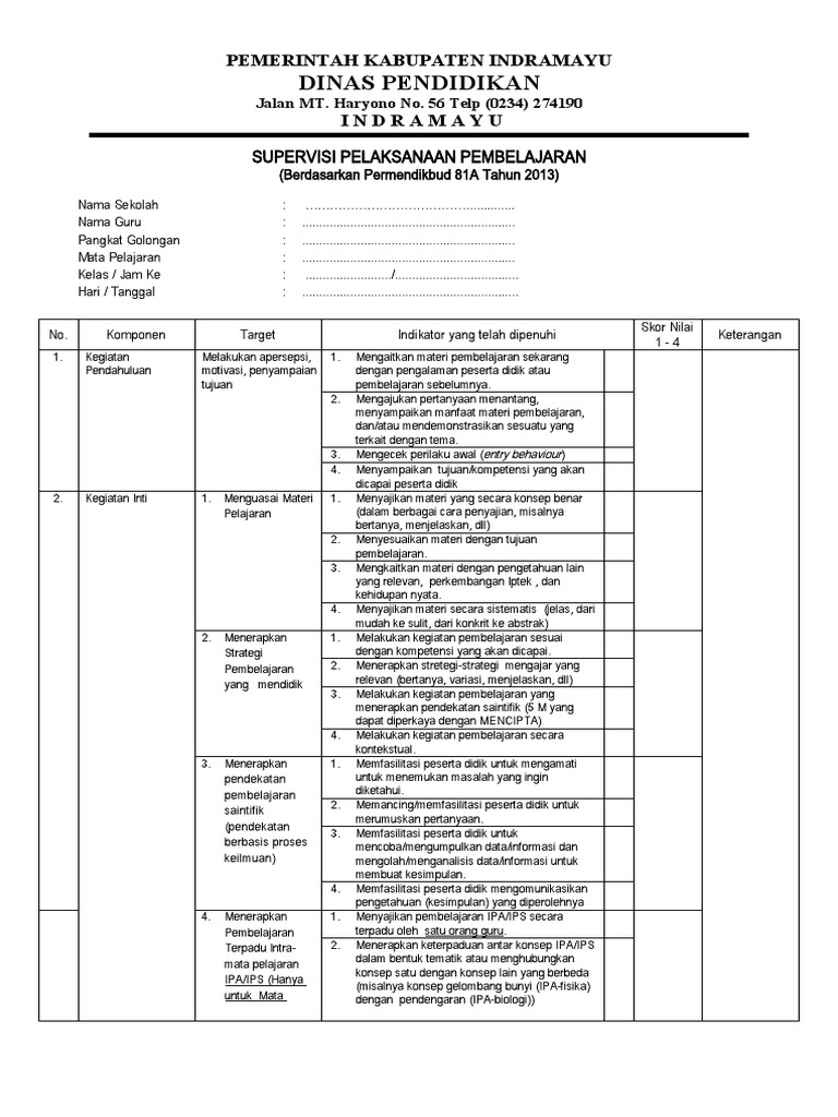 Instrumen Supervisi Pelaksanaan Pembelajaran | PDF
