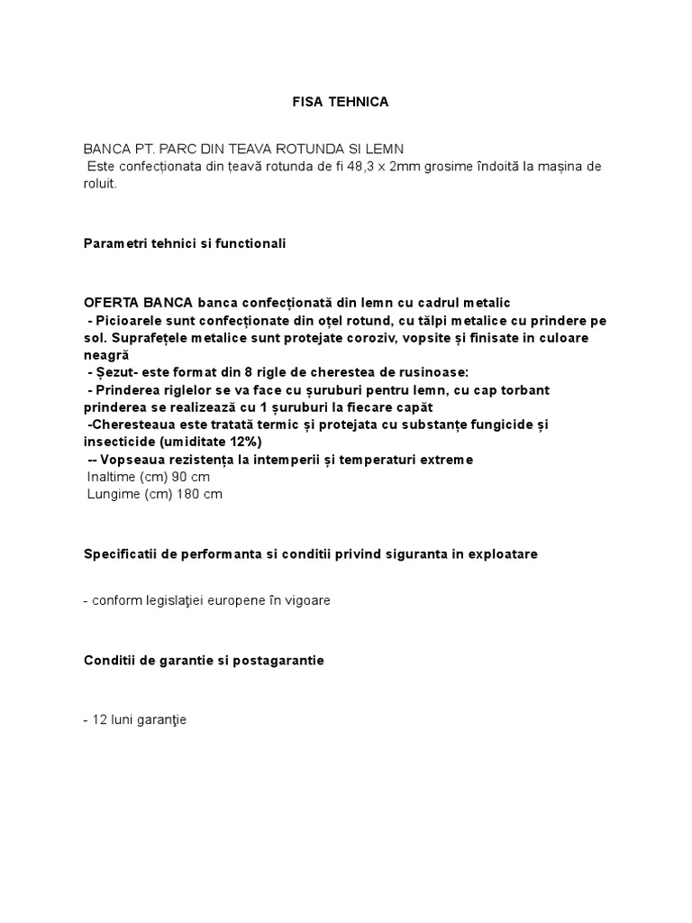 Fisa Tehnica Banca Parc Din Țeavă Rotunda | PDF