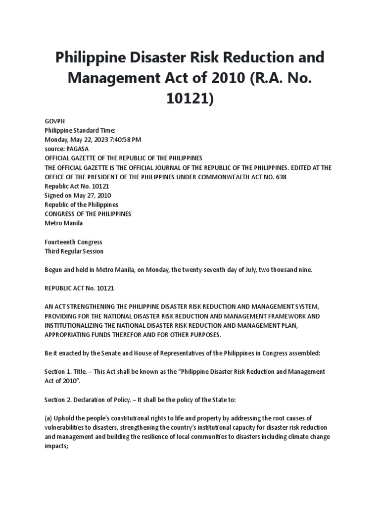 Philippine Disaster Risk Reduction and Management Act of 2010 | PDF ...