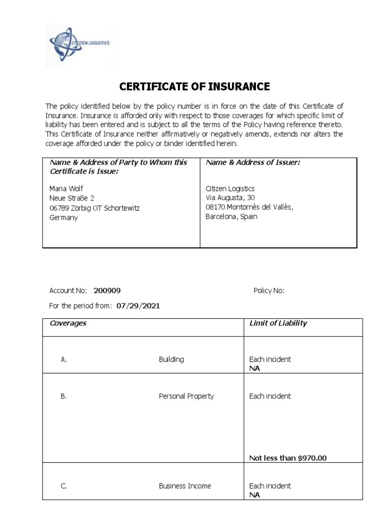 Certificate of Insurance For Ice | PDF