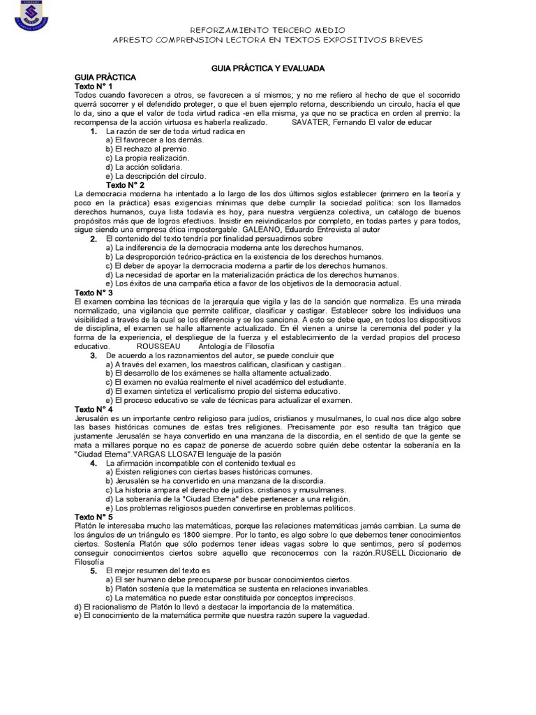 APRESTOy Eval COMPRENSION LECTORA TEXTOS EXPOSITIVOS Continuacion | PDF | Pensamiento | Amor