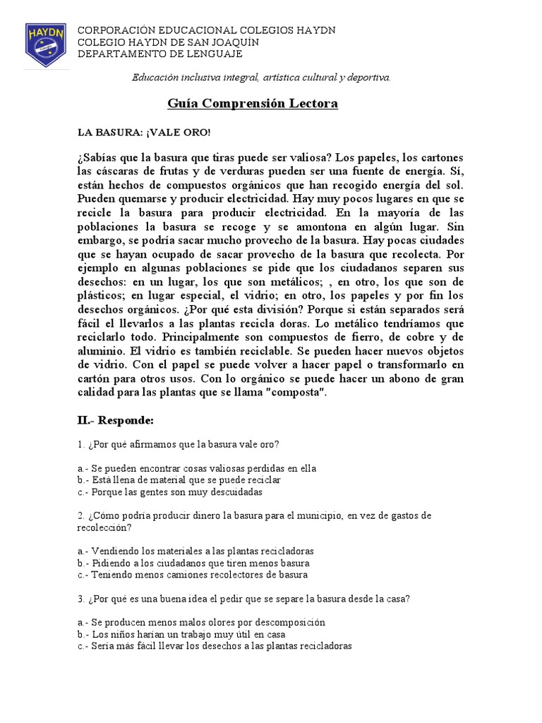 Guia N°1 Comprension Lectora | PDF | Residuos | Compost