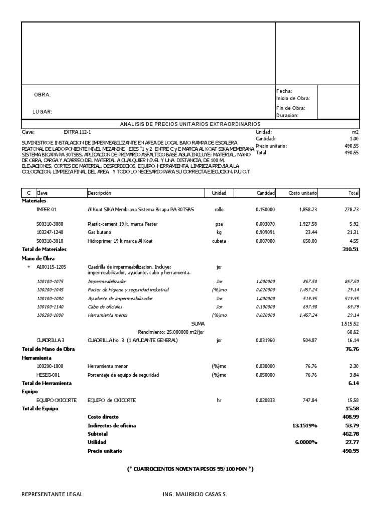 Precio Unitario de Impermeabilizante Area Local Bajo | PDF