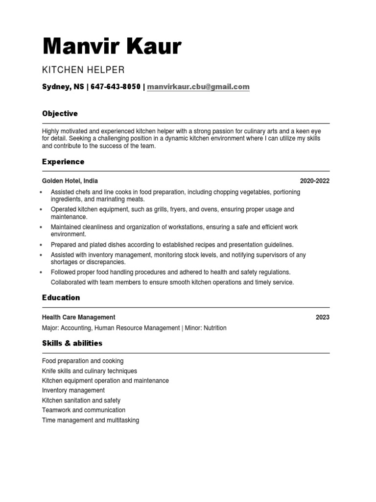 Kitchen Helper Resume Overview | PDF | Career & Growth