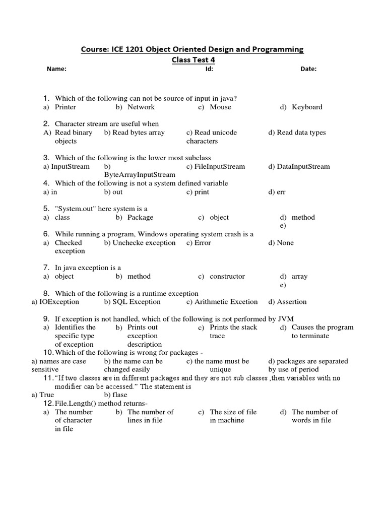 Class Test 4 Pdf Method Computer Programming Class Computer Programming 
