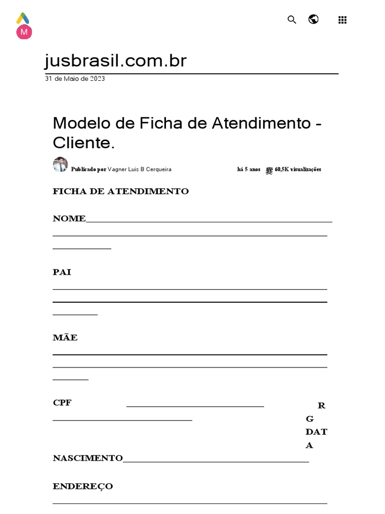 Modelo de Ficha de Atendimento - Cliente | PDF