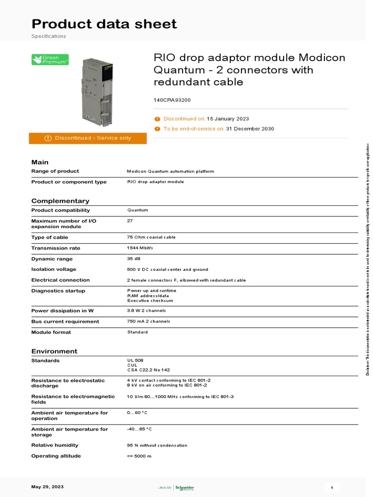 Modicon Quantum - 140CRA93200 | Download Free PDF | Coaxial Cable ...