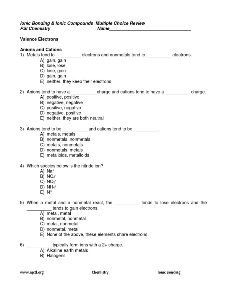 Ionic Bonding Multiple Choice Quiz | PDF | Ion | Chemical Compounds