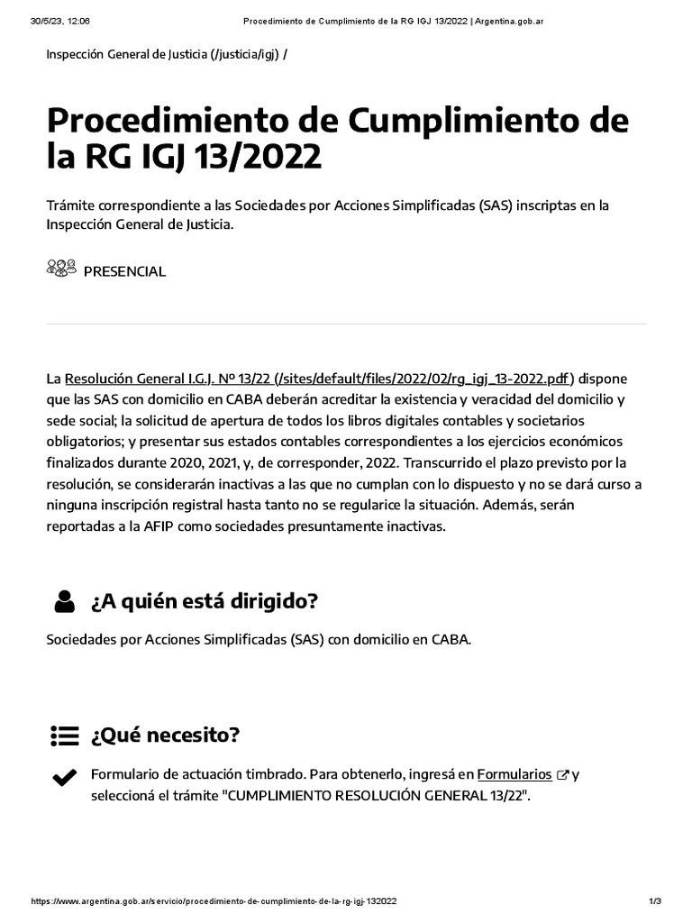Procedimiento de Cumplimiento de la RG IGJ 13_2022 | PDF