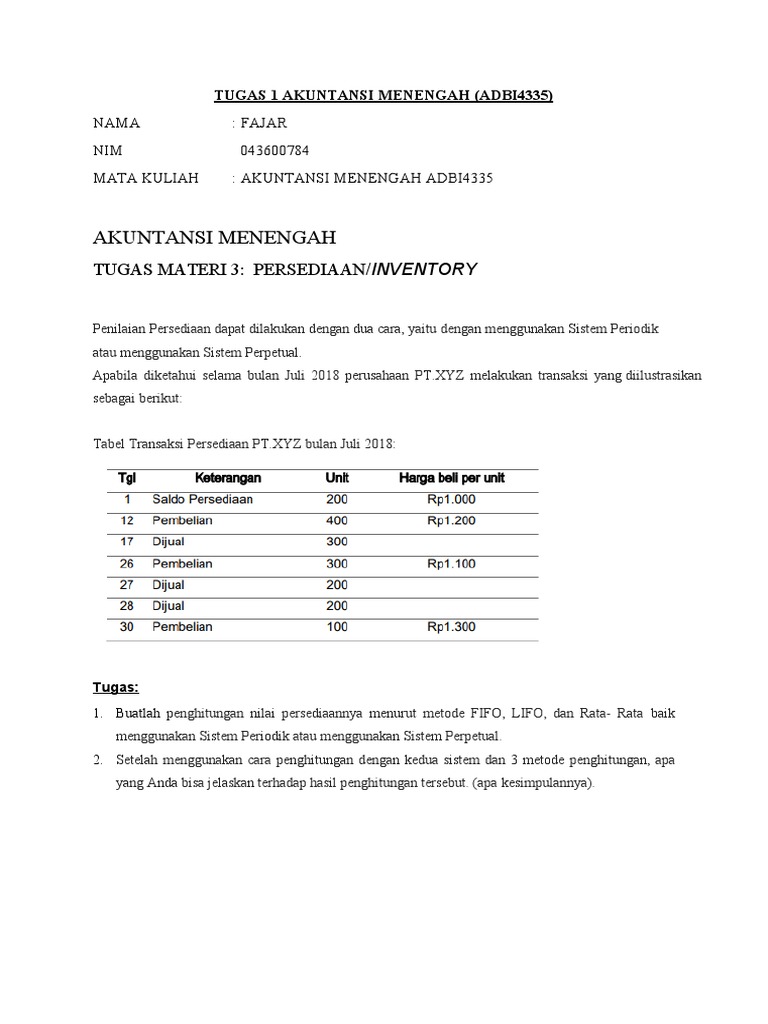 Tugas 1 Akuntansi Menengah Fajar 2 | PDF
