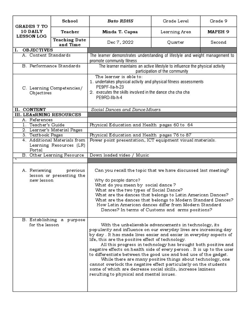 (Final) - 1 COT Mapeh 9 Sy 2022 - 2023 (PE Second Q) | PDF | Lifestyle