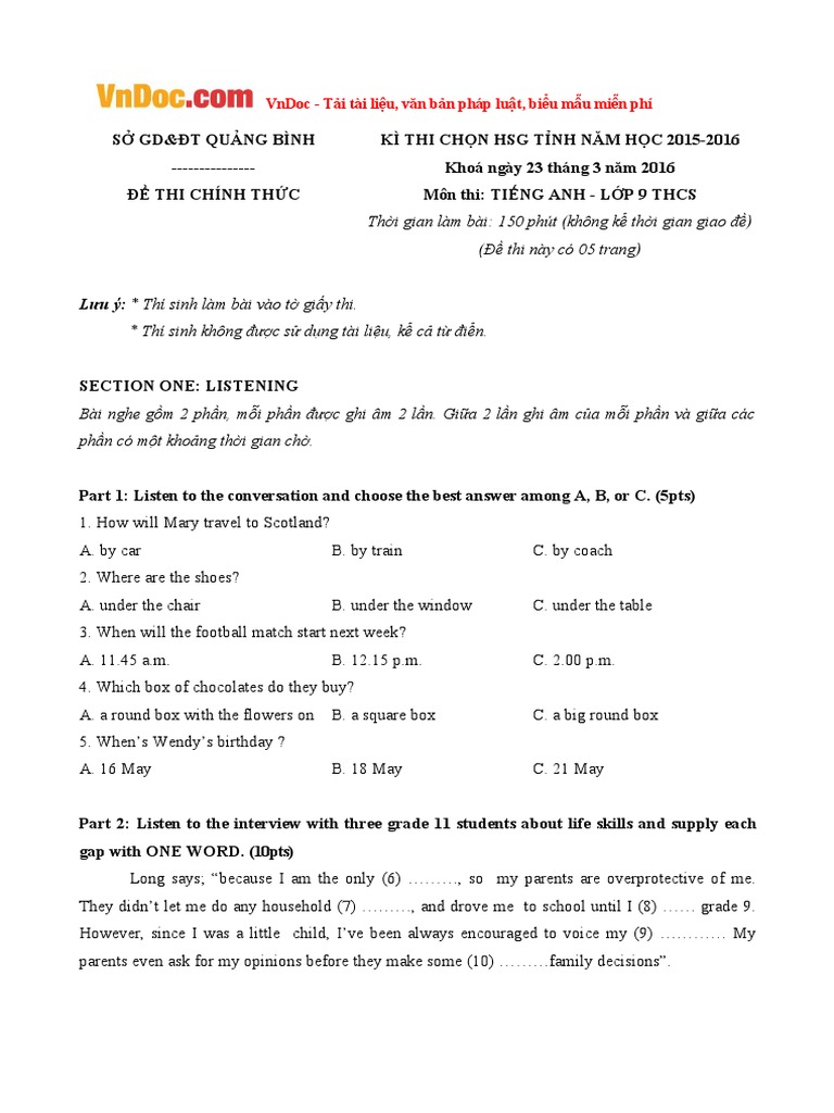 De Thi Chon Hoc Sinh Gioi Cap Tinh Mon Tieng Anh Lop 9 So GD DT Quang Binh Nam Hoc 2015 2016 ...