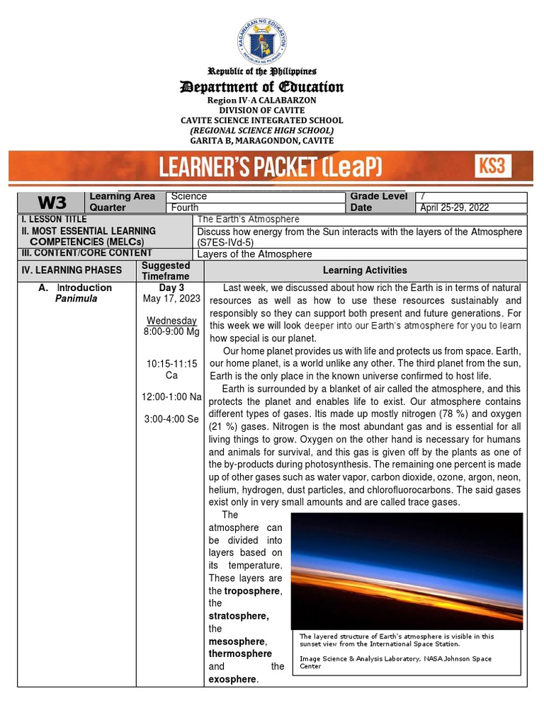 LeaP Science G7 Week 3 Q4 - JPS | PDF | Atmosphere Of Earth | Atmosphere
