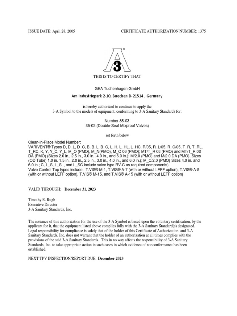 3A Cert GEA 85-03 (Double-Seat Mixproof Valves) | PDF