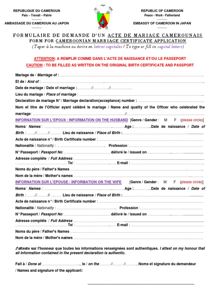 Form For MARRIAGE CERTIFICATE APPLICATION | PDF
