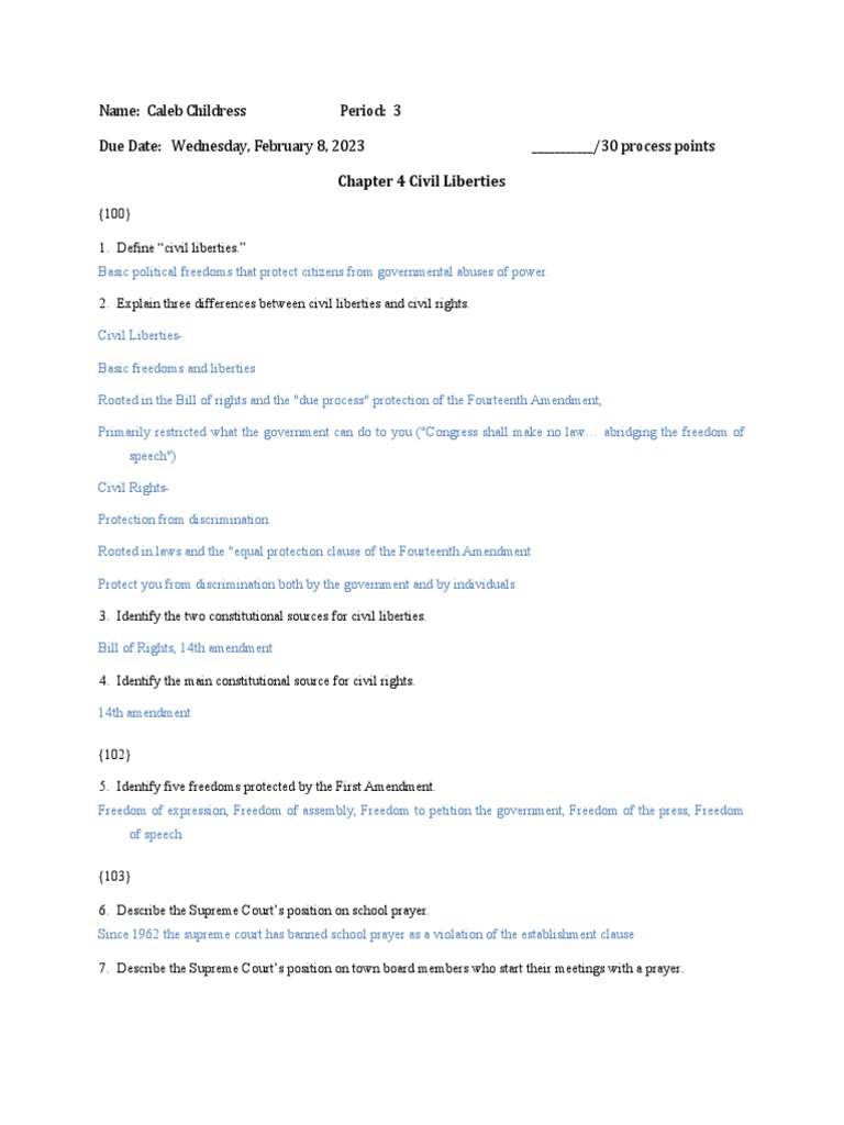Chapter 4 Civil Liberties Vocabulary 22 23 | PDF | Fourteenth Amendment ...