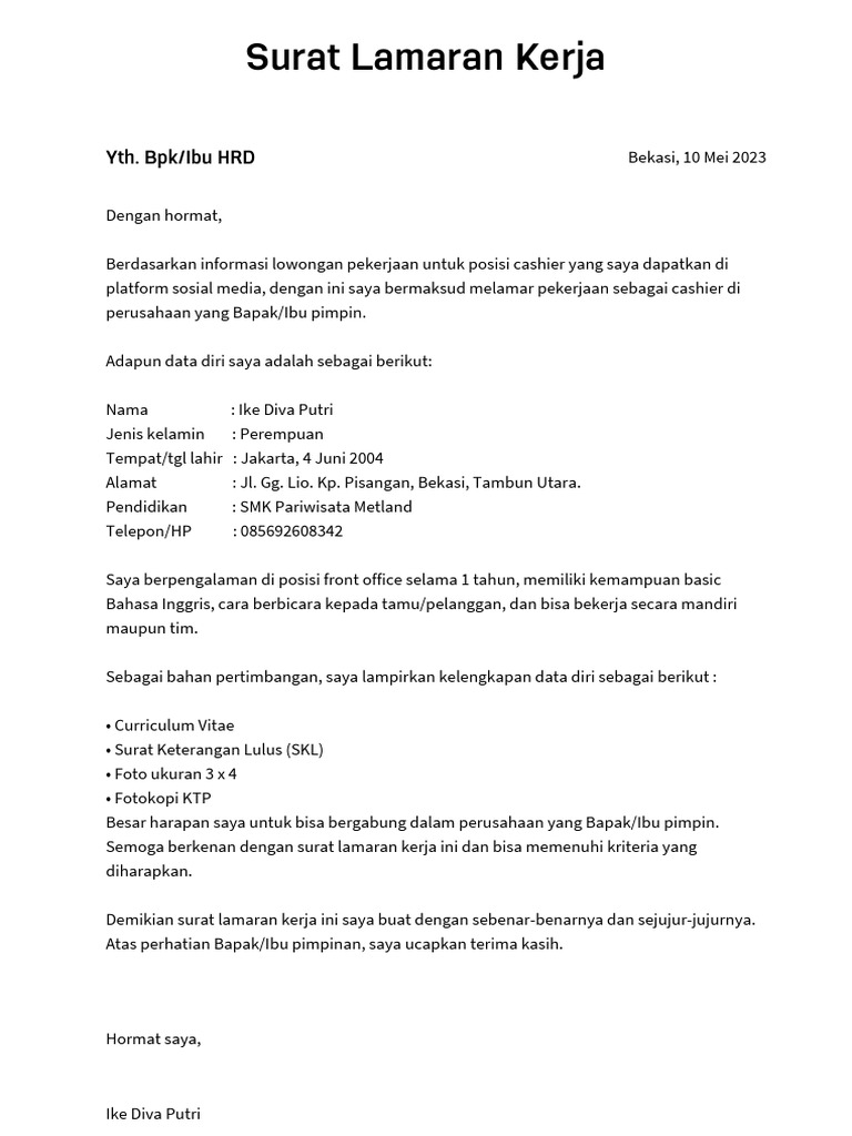 Surat Lamaran Kerja Ike Diva | PDF