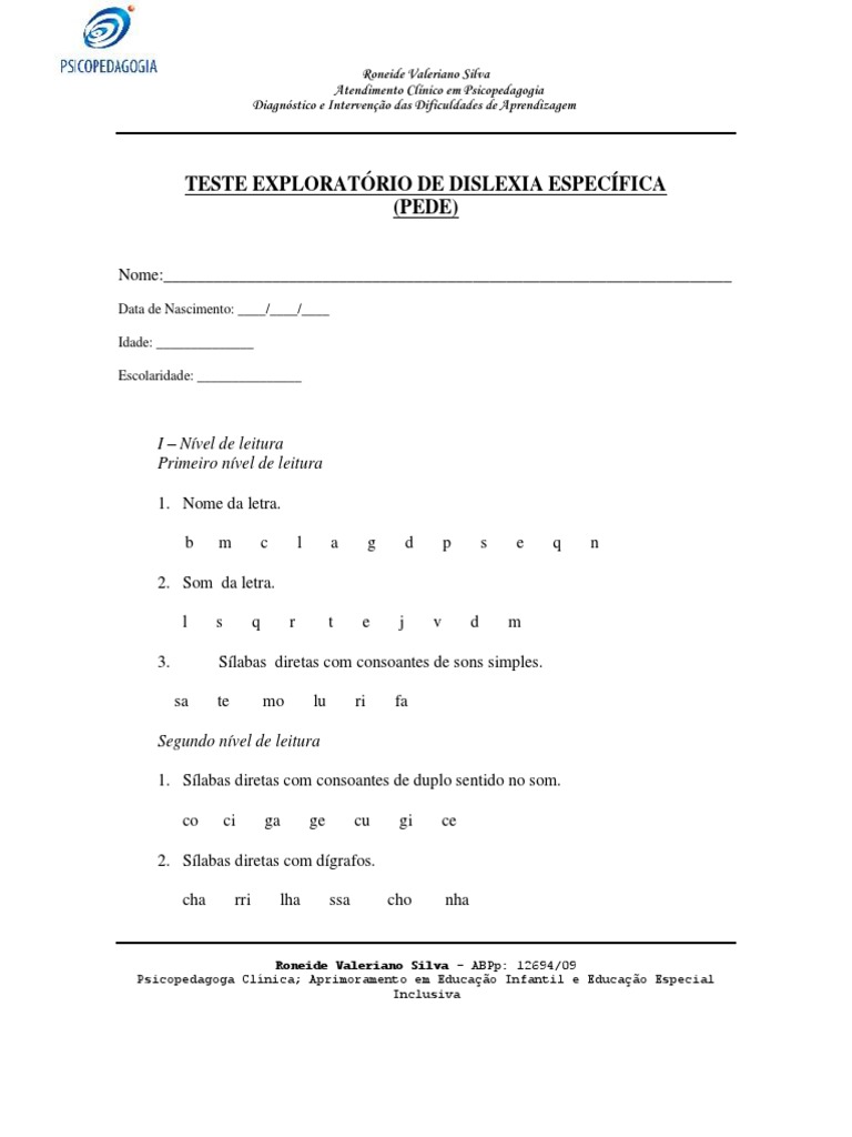 TESTE EXPLORATÓRIO DE DISLEXIA ESPECÍFICA | PDF | Cognição | Fonologia