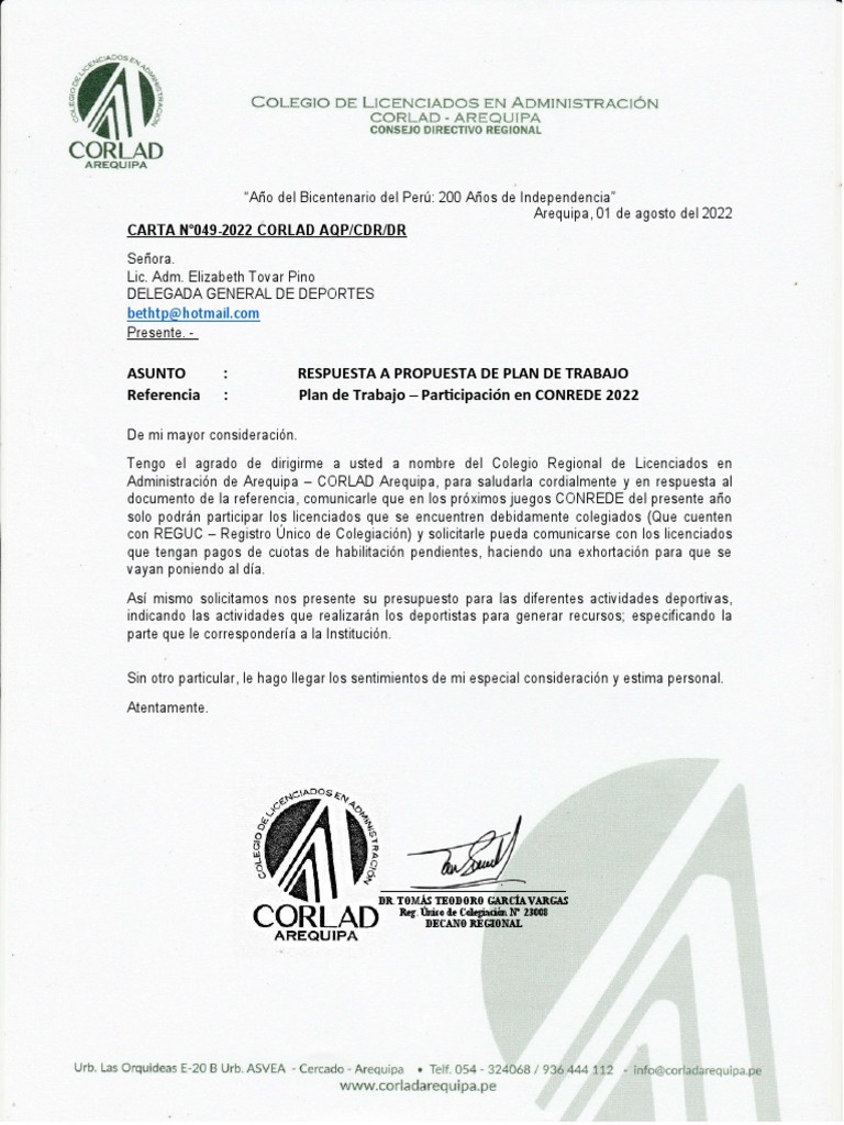 Carta #049 - Respuesta A Propuesta de Plan de Trabajo | PDF