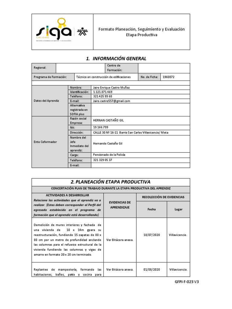 GFPI-F-023 - Formato - Planeacion - Seguimiento - y - Evaluacion ... GFPI-F-023 - Formato - Planeacion - Seguimiento - y - Evaluacion ...